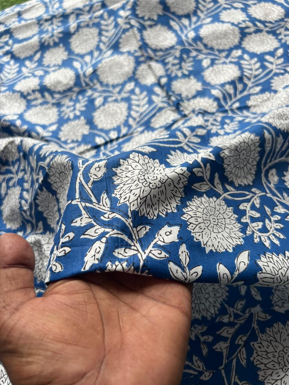 Hand Block Printed Blue Floral Cotton Fabric: Indian Fabric by the Yard ...