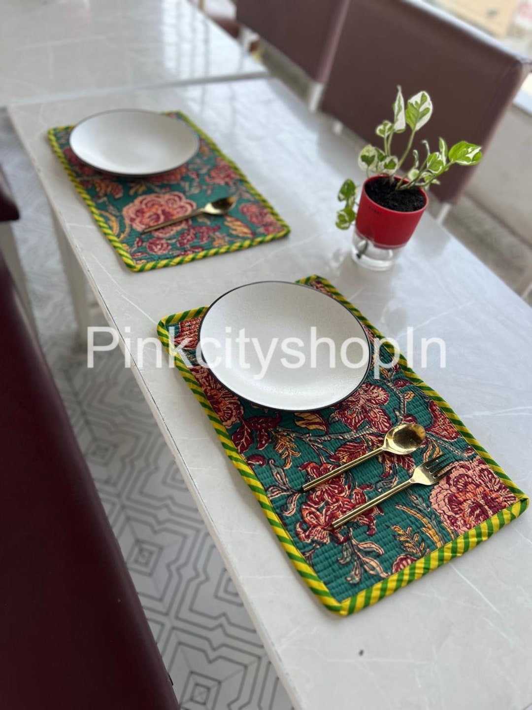 Quilted Cotton Table Mats, Block Printed Cotton Placemats, Dining Table ...