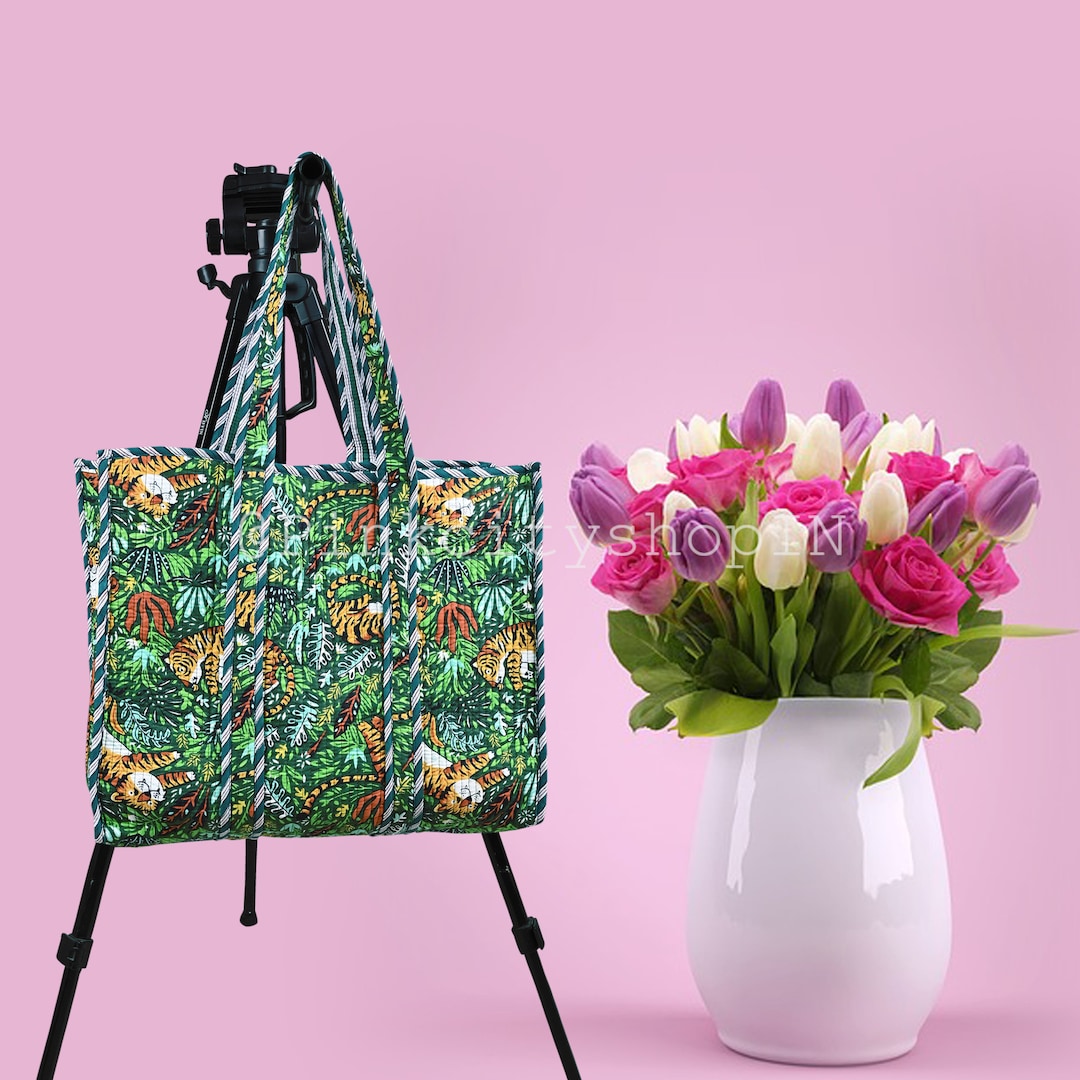 Handmade Cotton Duffle Bag: Green Color Block Print, Reversible Quilted ...