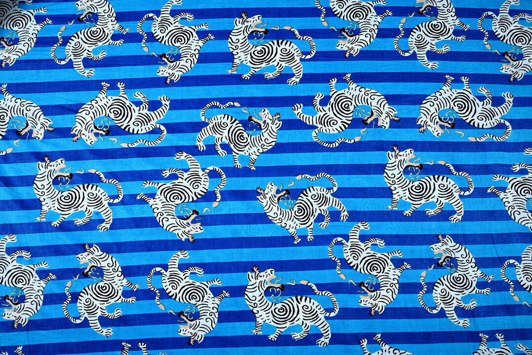 Blue Stripe Dragon Print Cotton Fabric: Sewing Voile, by the Yard - Etsy