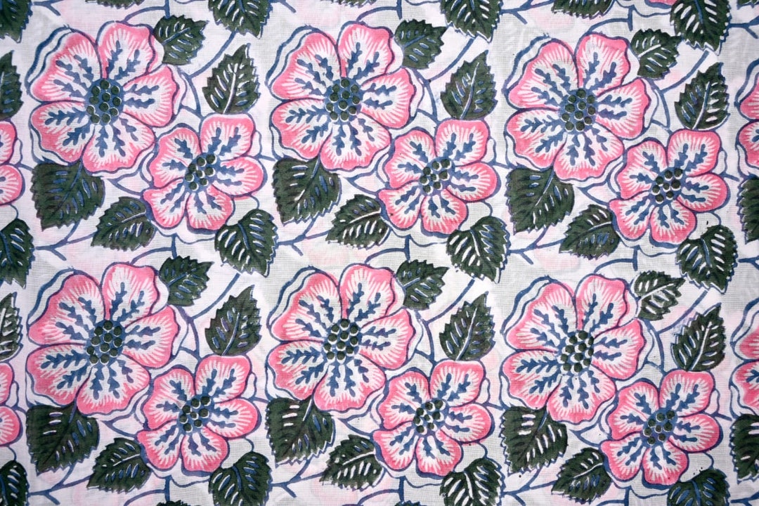 Big Flower Block Print Cotton Fabric, Women Dress Making Fabric, Home ...