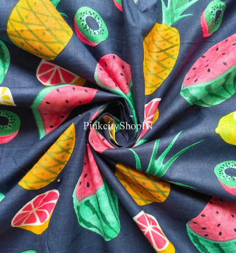 100% Cotton Tropical Fruit Print Fabric, Hand Block Printed, Sold by ...
