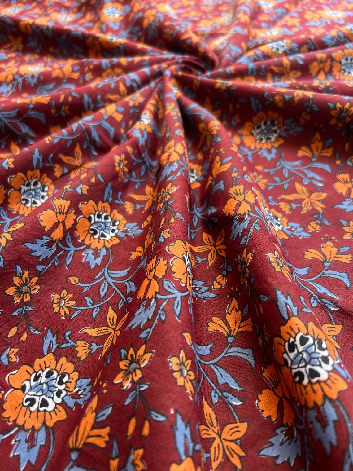 Floral Maroon Cotton Fabric by the Yard: Indian Block Print - Etsy