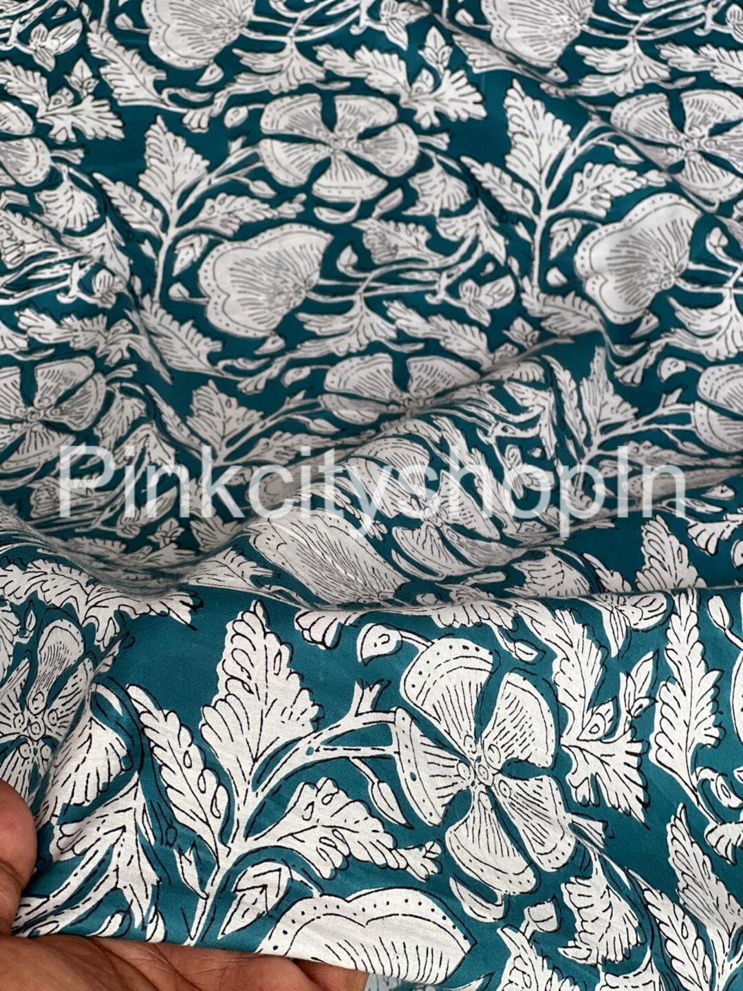 Peacock Blue Block Print Fabric, Fabric by the Yard, Sewing Project ...