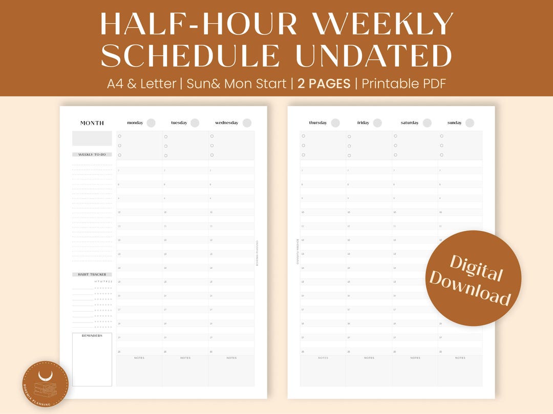 Undated Weekly Planner Printable | Half-hourly Schedule PDF (printable ...
