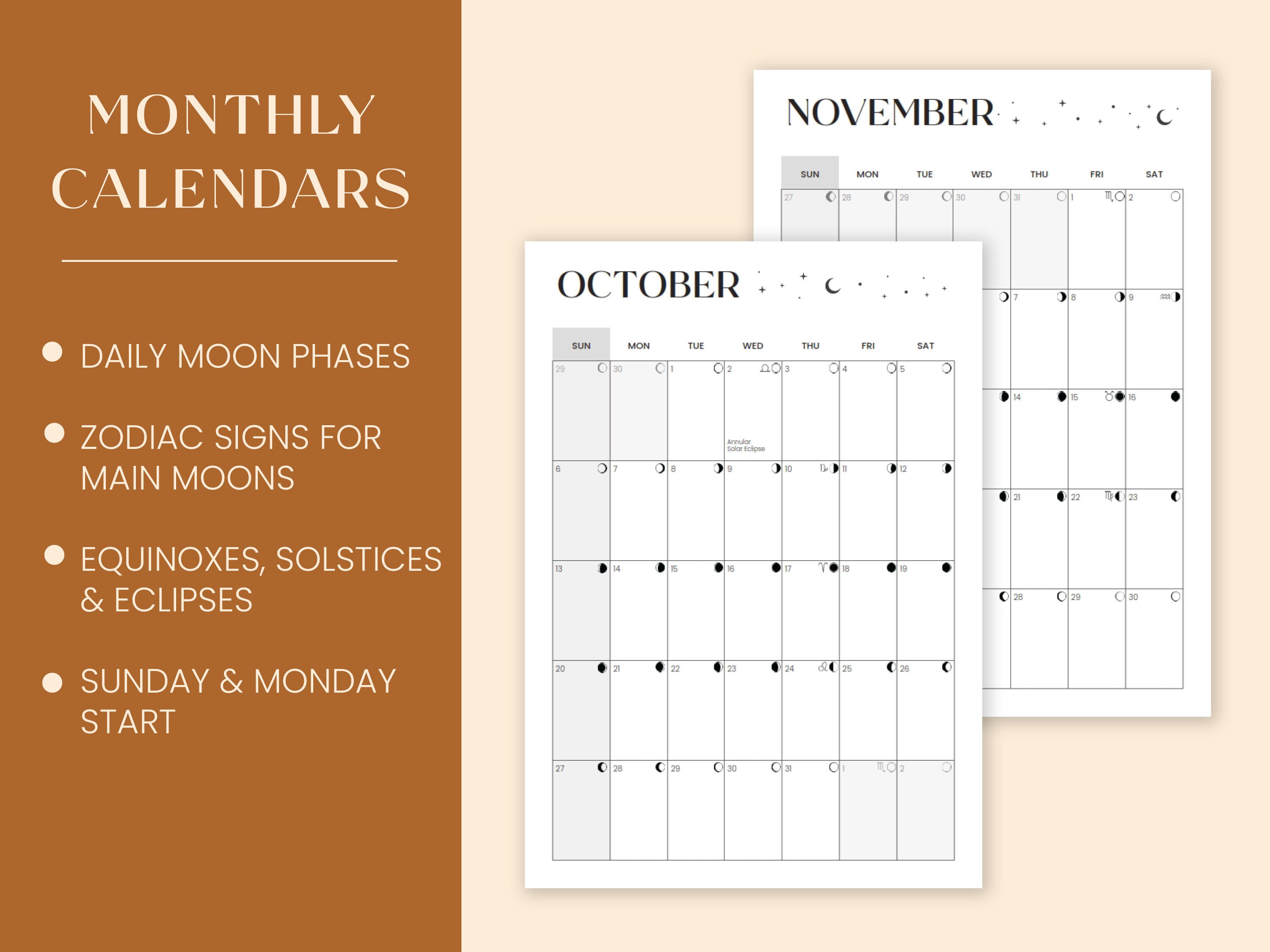 2024 Moon Phase Calendar Printable Lunar Monthly Portrait Calendar ...