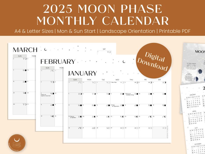 2025 Moon Phase Calendar Printable | Lunar Landscape Monthly Planner ...