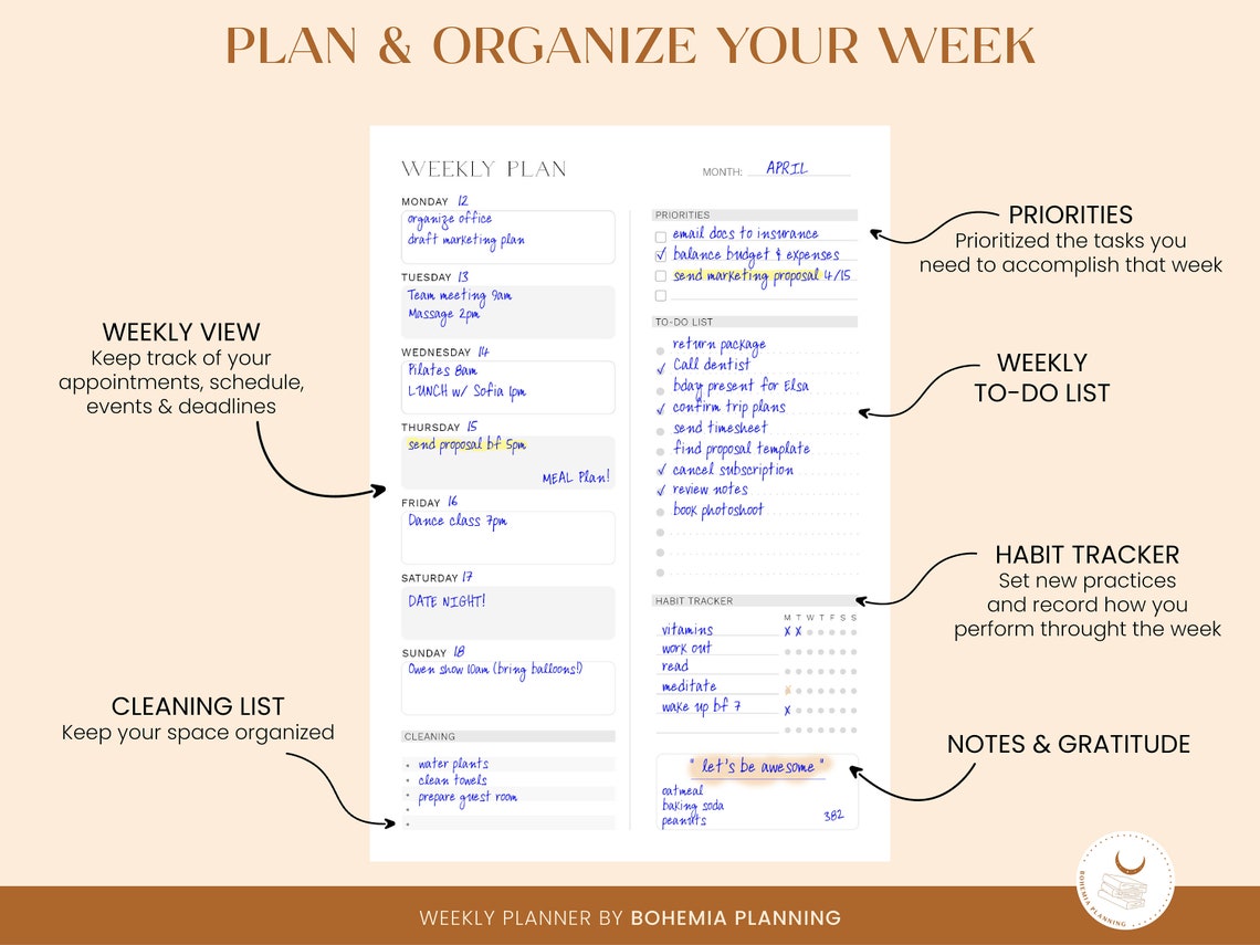 Minimalist Productive Weekly Planner Undated Printable Weekly Schedule ...
