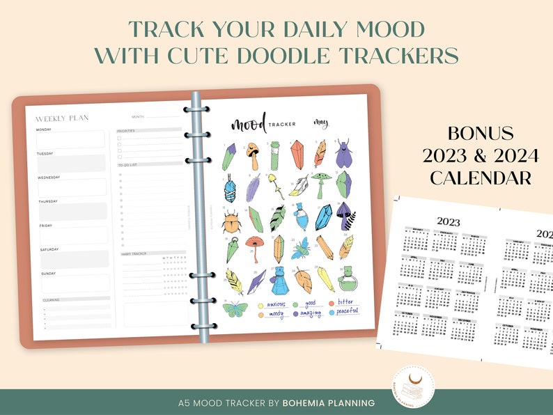Monthly Mood Tracker Bundle A5 Planner Insert Printable 15 Undated ...