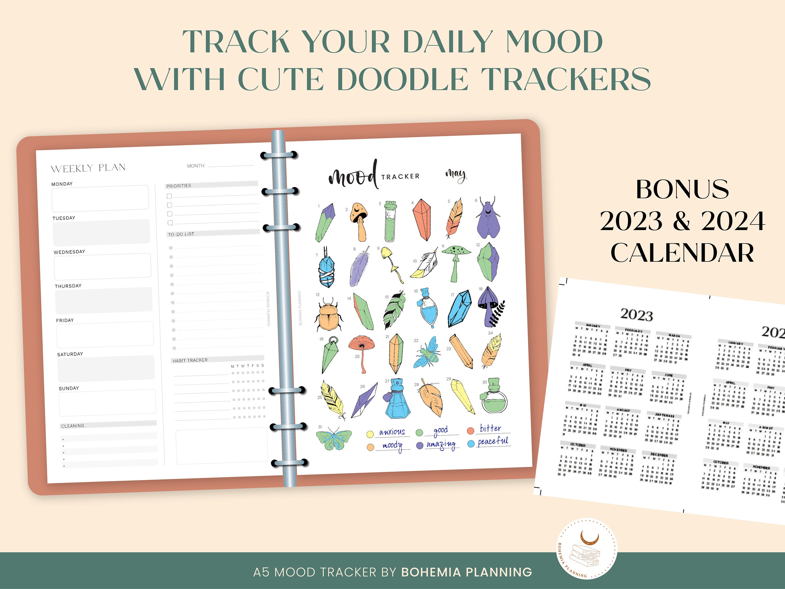 Monthly Mood Tracker Bundle A5 Planner Insert Printable 15 Undated ...
