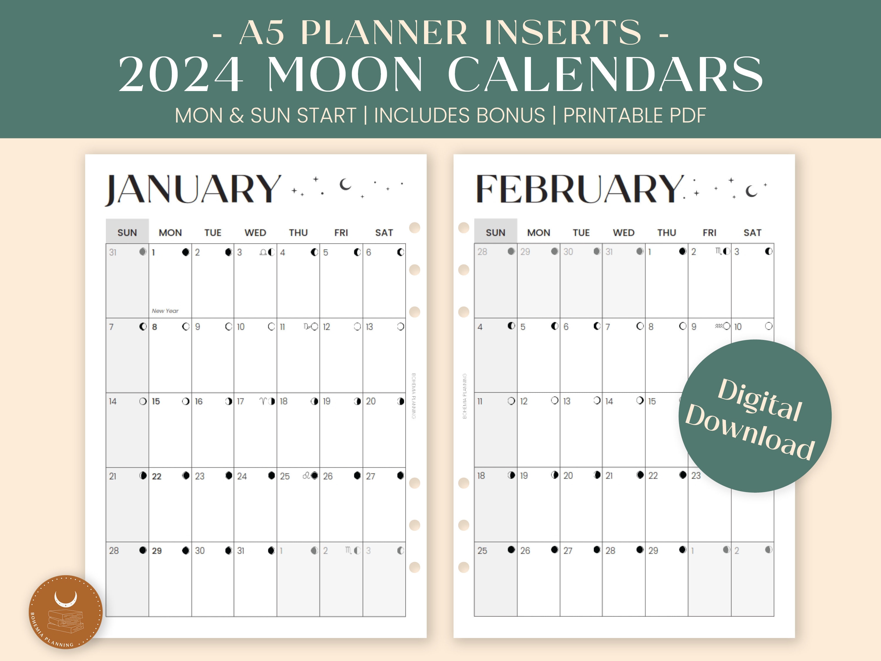 A5 2024 Moon Phase Calendars Printable Lunar Monthly - Etsy