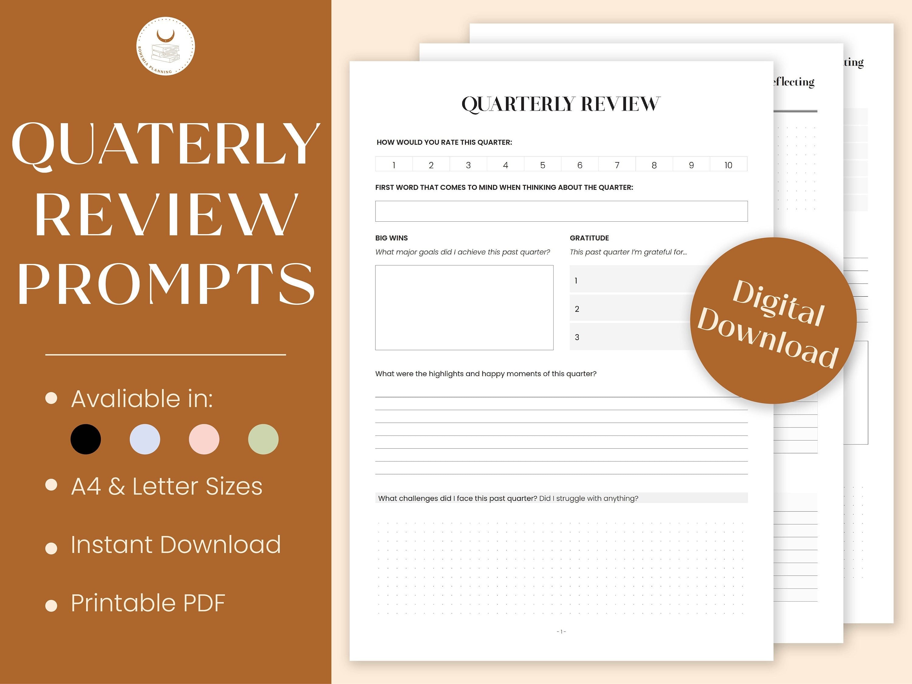 Quarterly Review Prompts Template Printable | 3-month Reflection ...