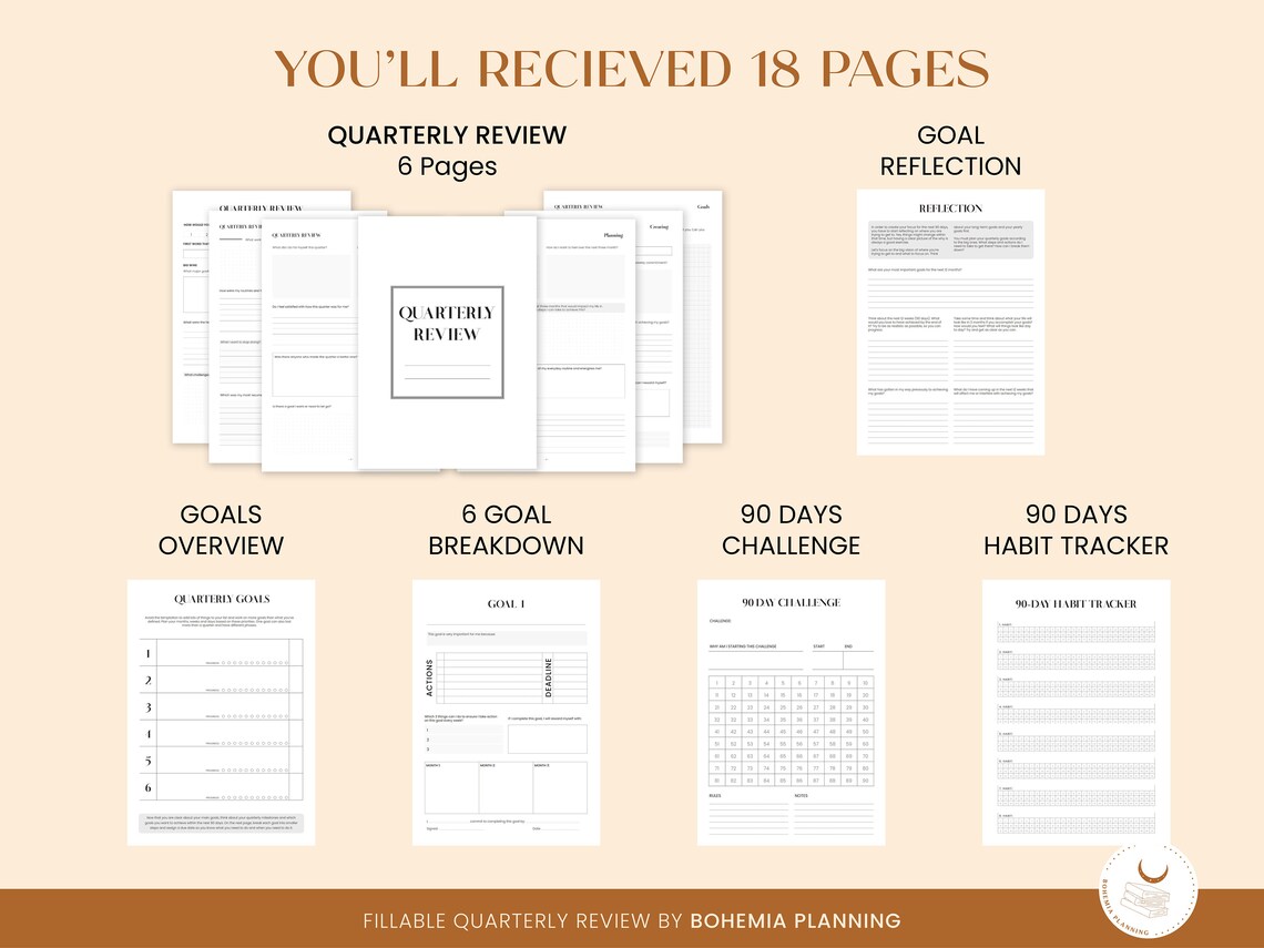 Quarterly Review Fillable Printable 3-month Reflection Fill and Print 90-days Check-in and Goal ...