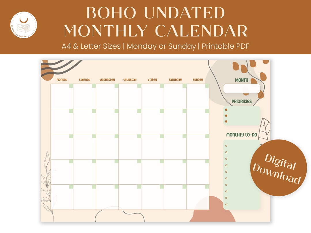 Boho Monthly Calendar | Undated Pastel Planner PDF (A4 & US Letter ...