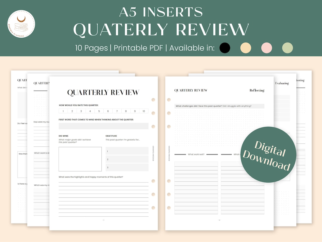 Quarterly Review A5 Printable Inserts | 3-month Goal Prompts for ...