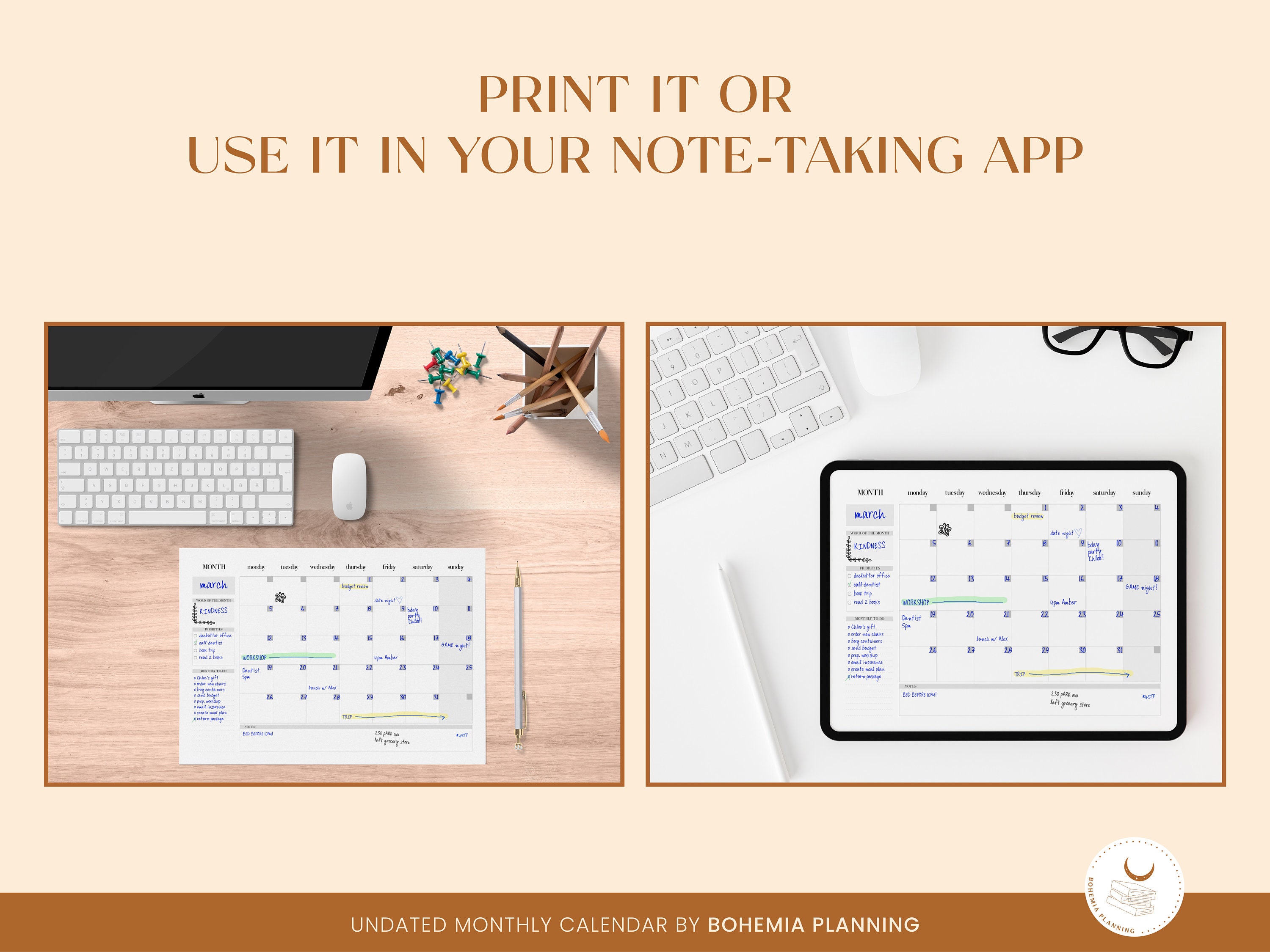 Undated Monthly Calendar Printable | Minimalist Blank Planner (A4 & US ...