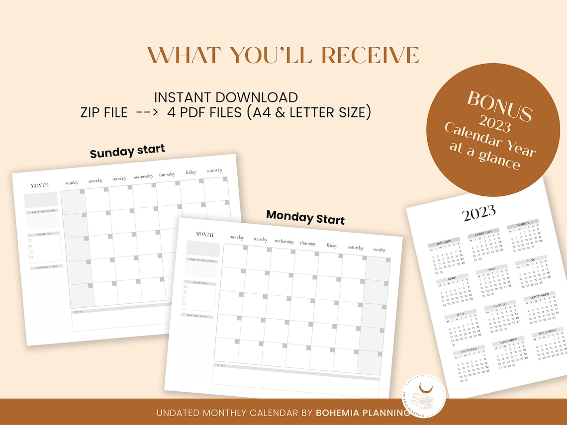 Undated Monthly Calendar Printable Digital Landscape Planner - Etsy