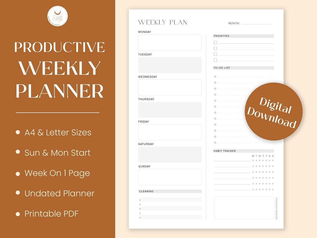 Weekly Planner Printable | Minimalist Undated Productivity Schedule ...