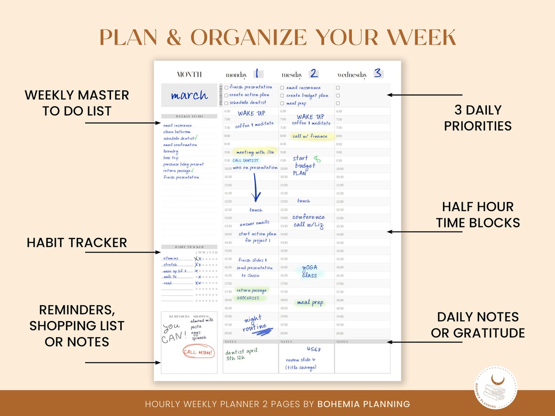 Half Hour Weekly Planner Printable Week on 2 Pages Undated Organizer ...