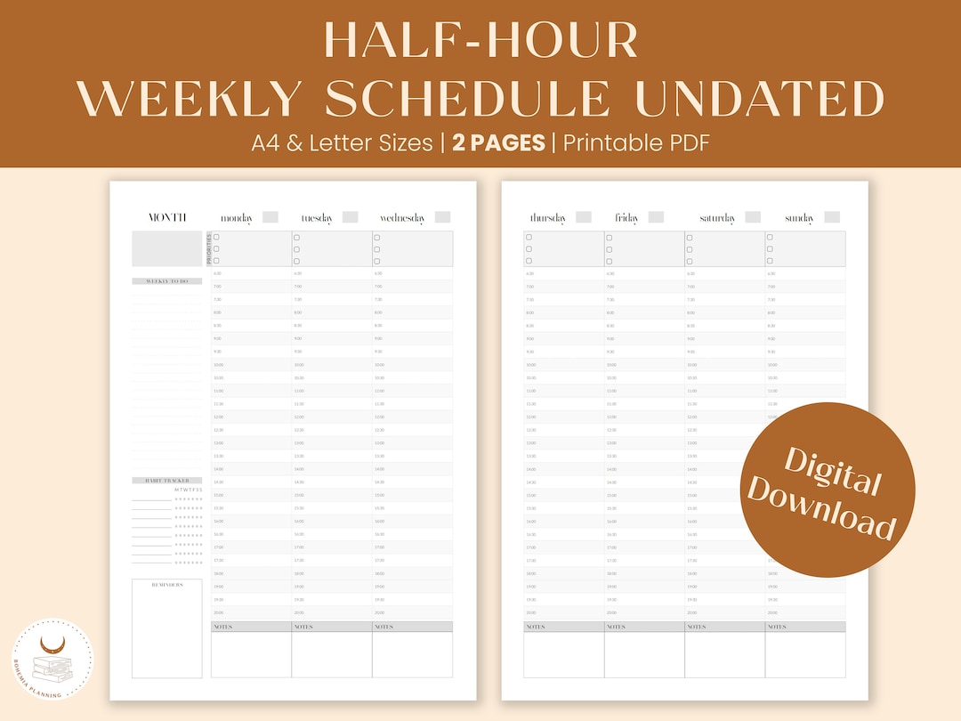 Half Hour Weekly Planner Printable Week on 2 Pages Undated Organizer ...