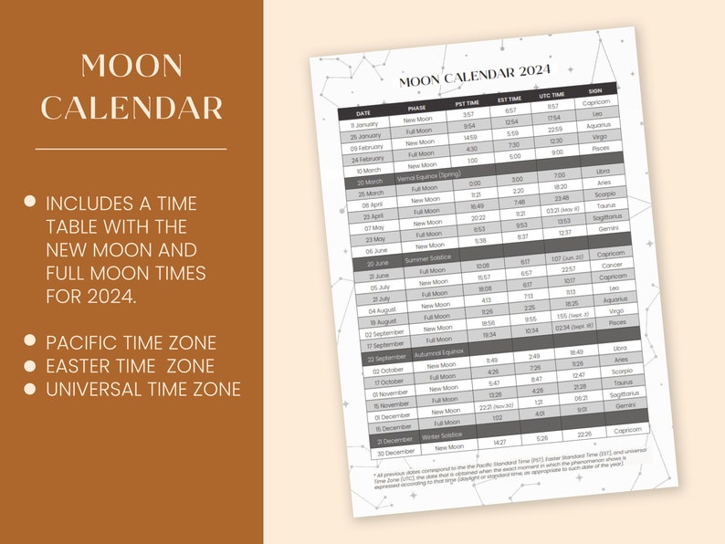 2024 Moon Phase Calendar Printable Lunar Monthly Portrait Calendar ...