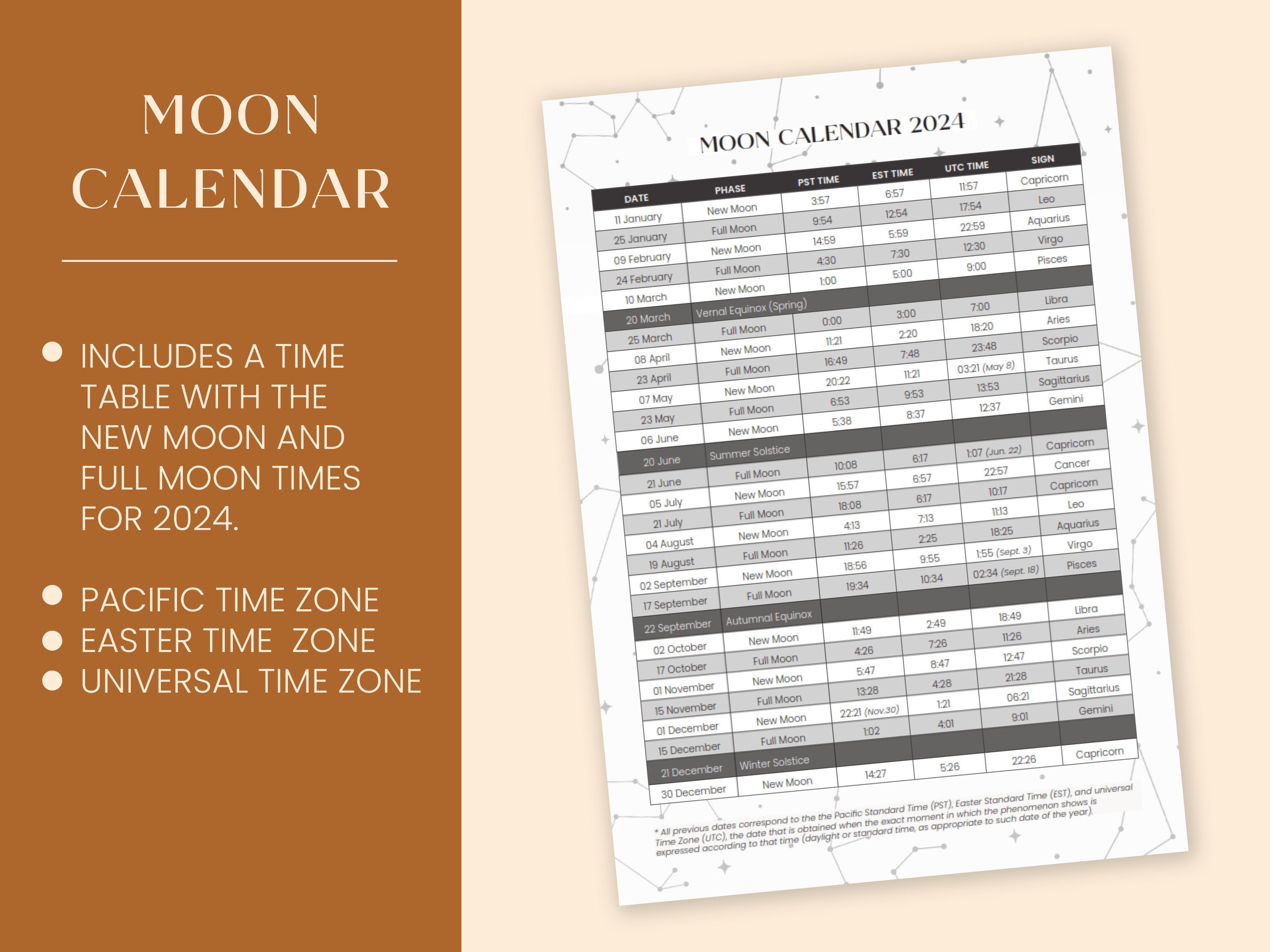 2024 Moon Phase Calendar Printable Lunar Monthly Portrait Calendar ...