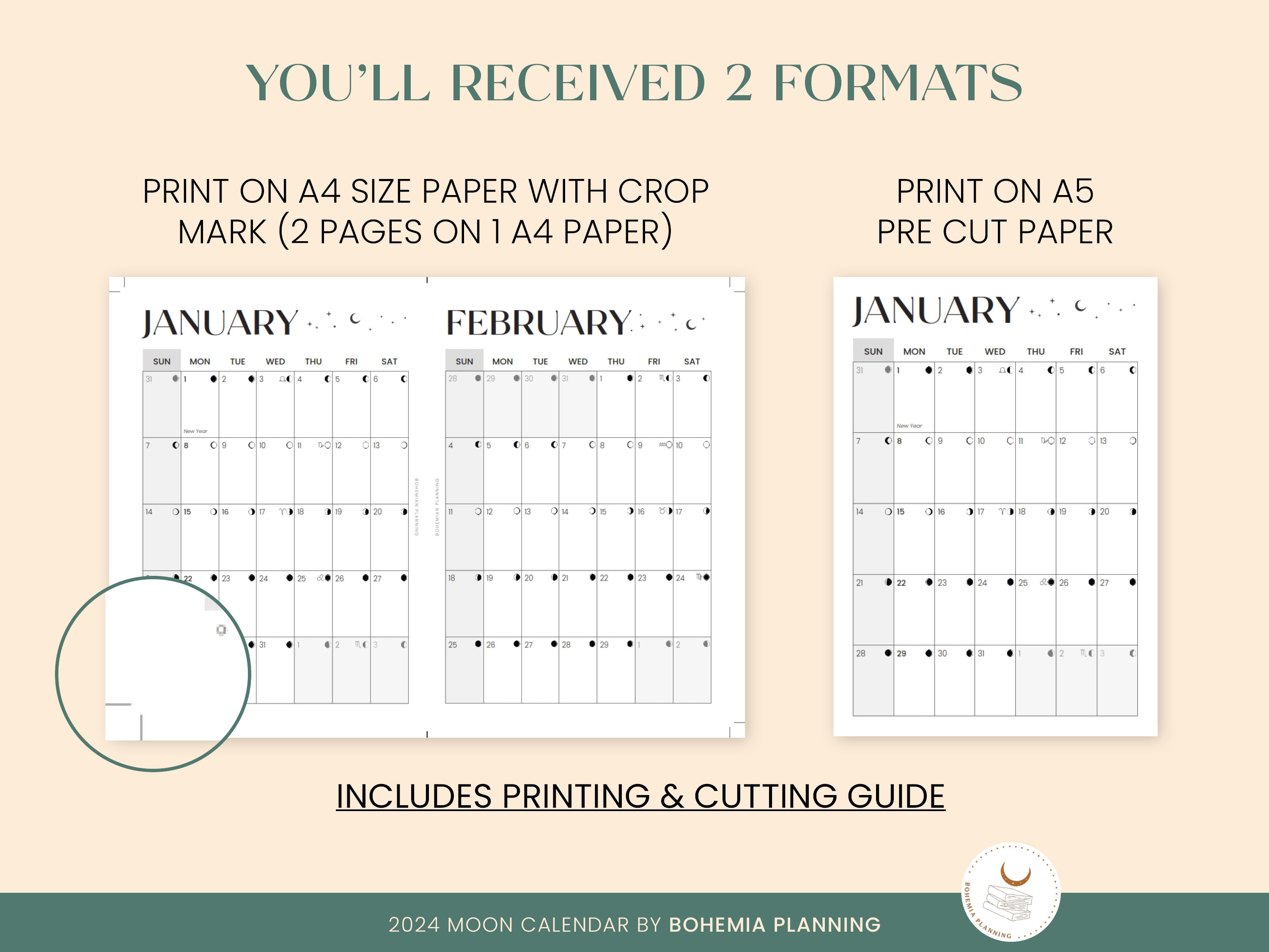 A5 2024 Moon Phase Calendars Printable Lunar Monthly - Etsy