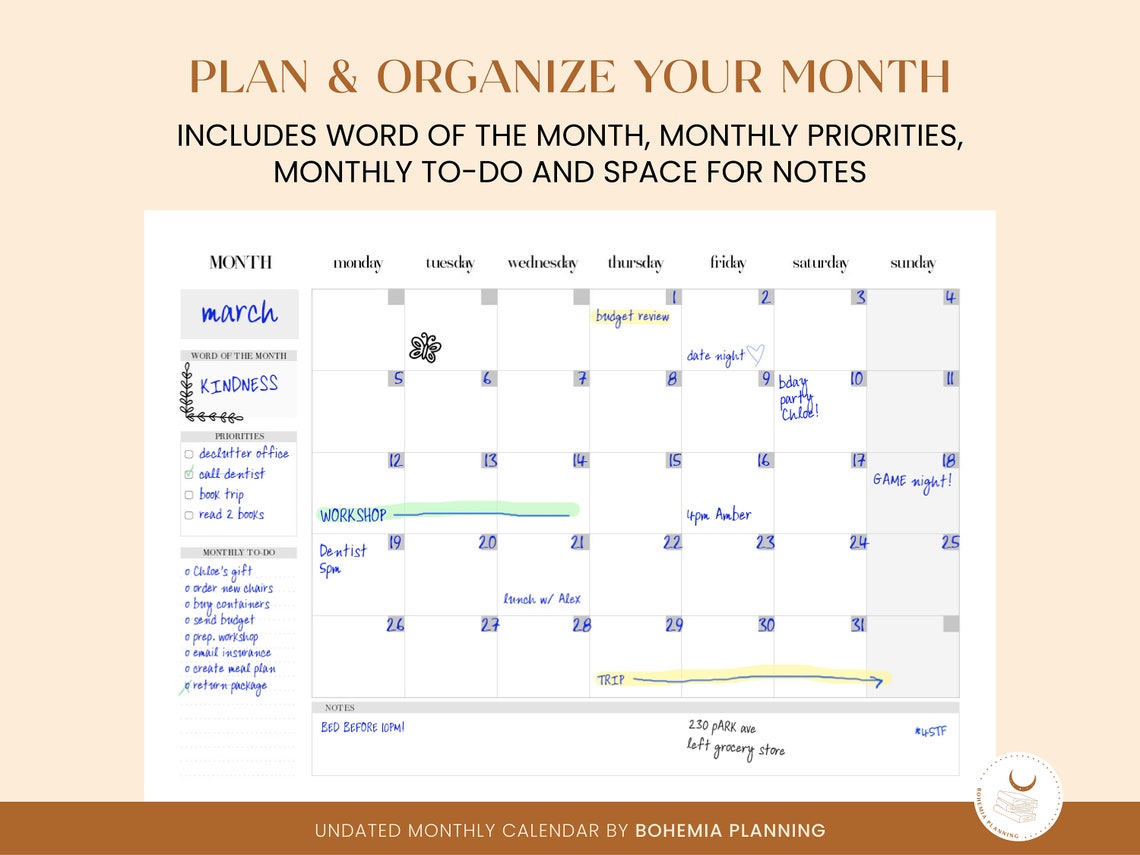 Undated Monthly Calendar Printable Digital Landscape Planner - Etsy