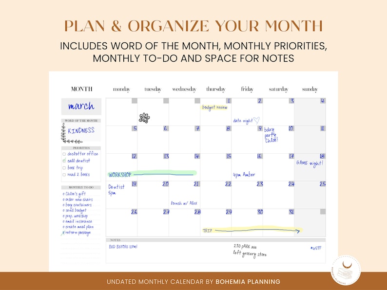 Undated Monthly Calendar Printable | Minimalist Digital Planner PDF ...