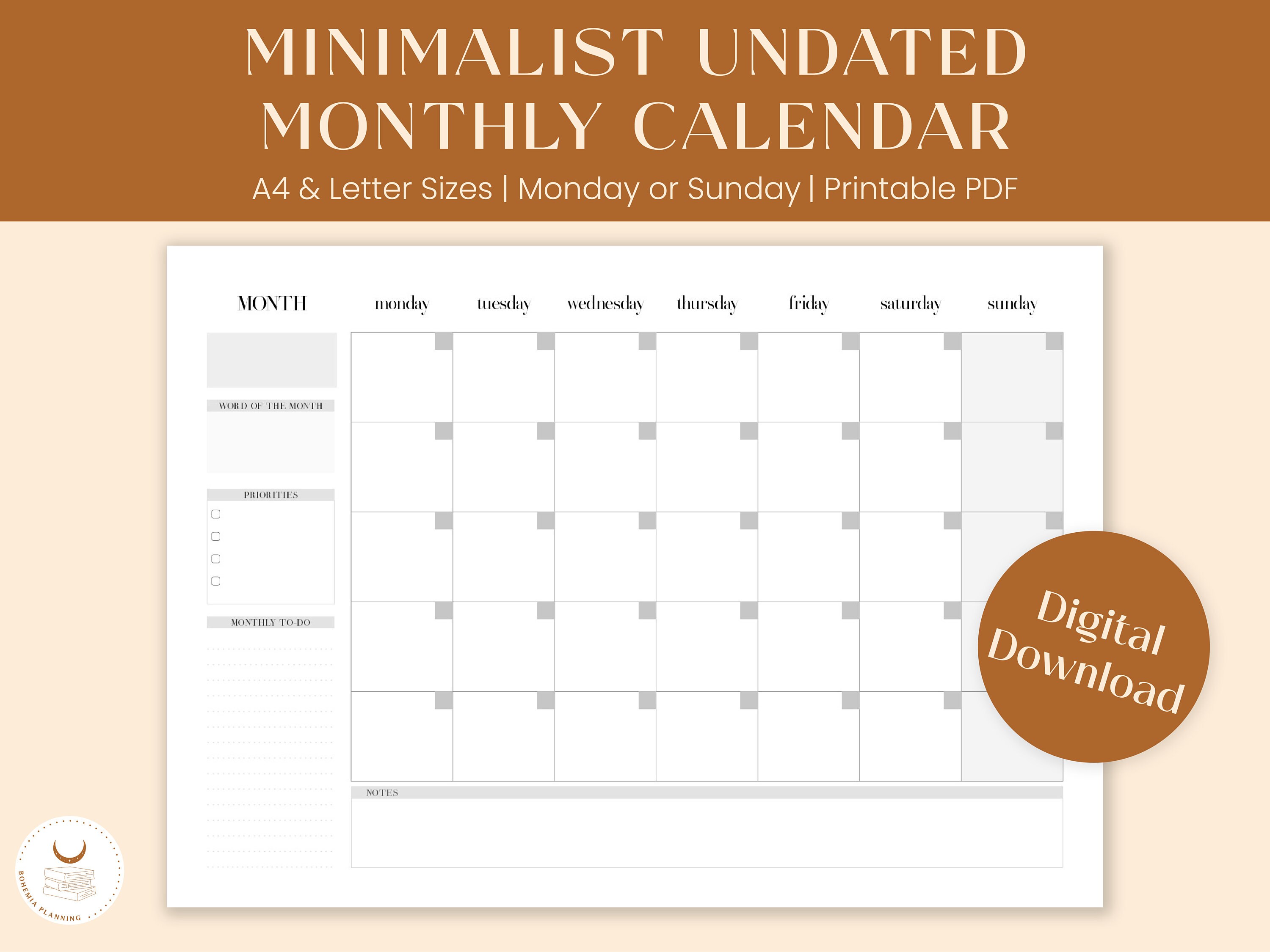 Undated Monthly Calendar Printable | Minimalist Digital Planner PDF ...