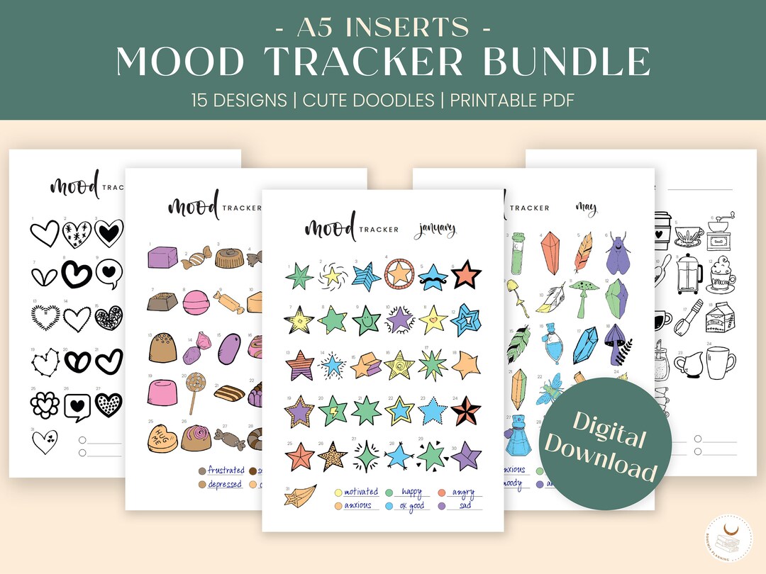 Monthly Mood Tracker Bundle A5 Planner Insert Printable 15 Undated ...