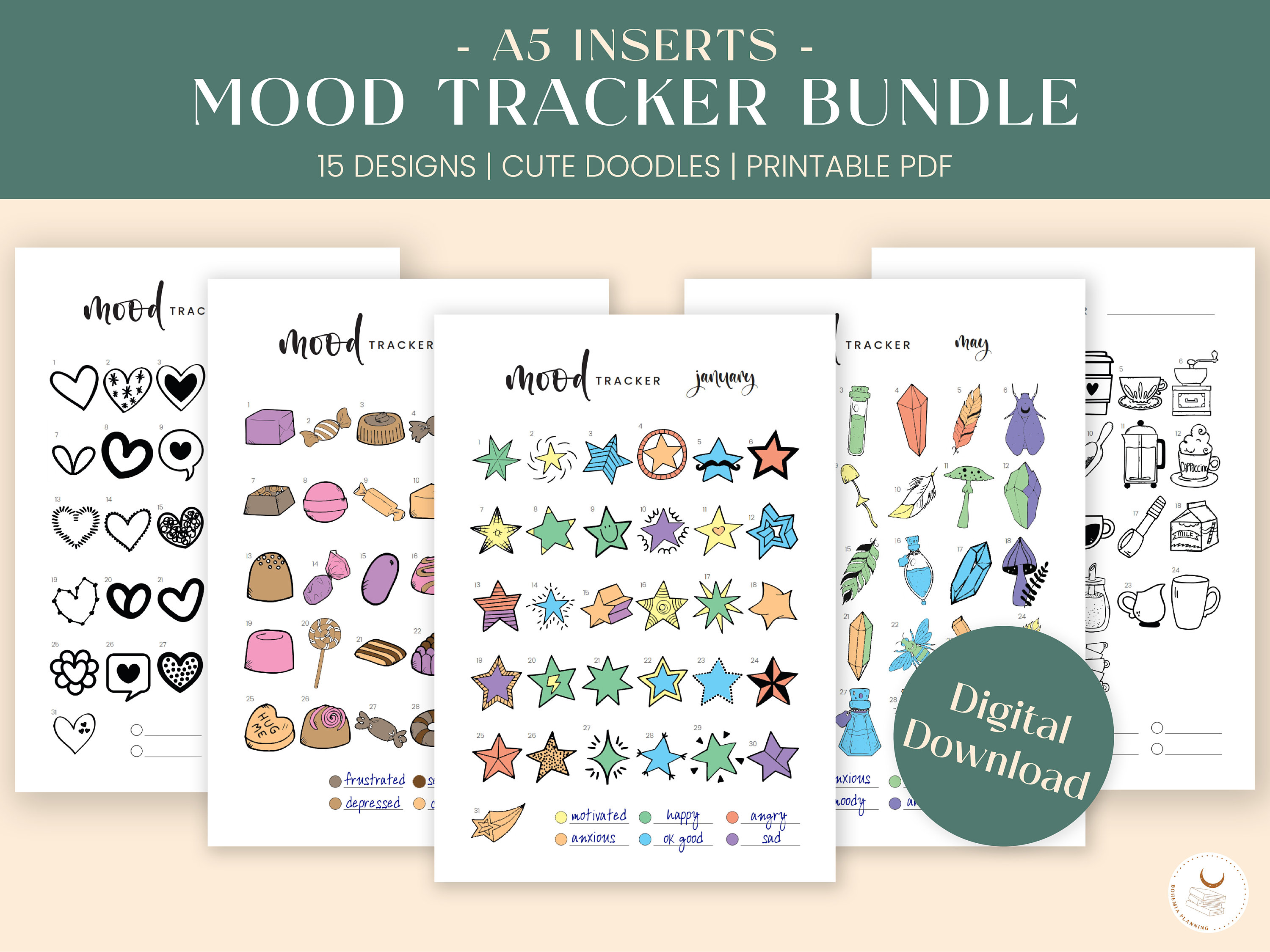 Monthly Mood Tracker Bundle A5 Planner Insert Printable 15 Undated ...
