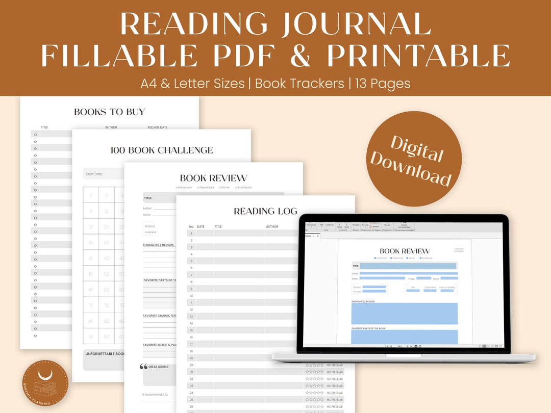 Reading Journal Printable and Fillable PDF | Book Planner With Log ...