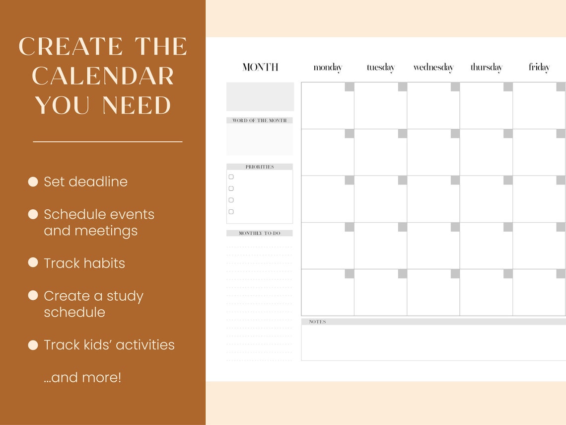 Undated Monthly Calendar Printable Digital Landscape Planner - Etsy