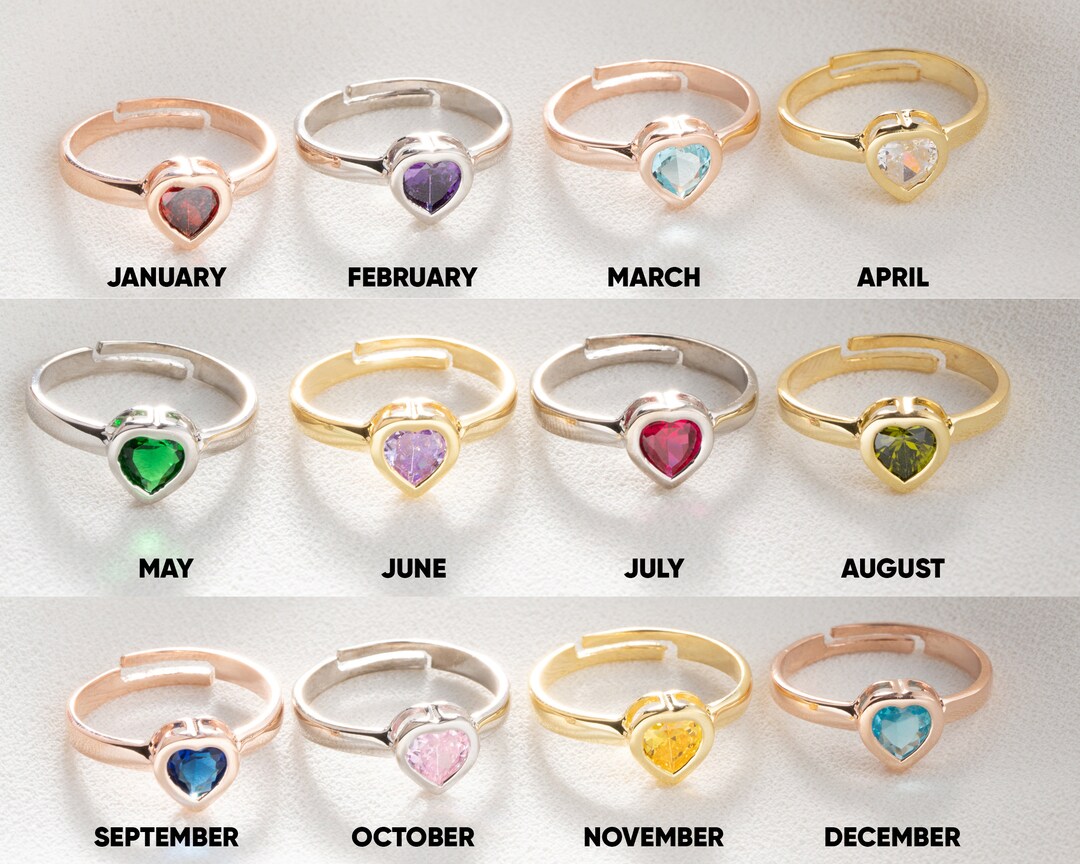 Unique Heart Birthstone Ring, Custom Adjustable Birthstone Ring, Dainty ...