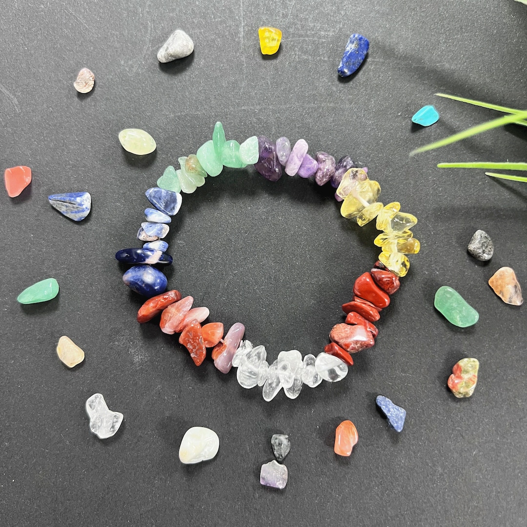 7 Chakra Crystal Chip Bracelet, Gemstone Beaded Stretchy Bracelet ...