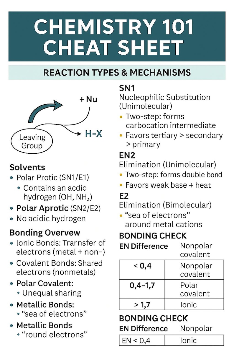 Chemistry 101 Cheat Sheet: Reaction Types, Bonding (printable Digital ...