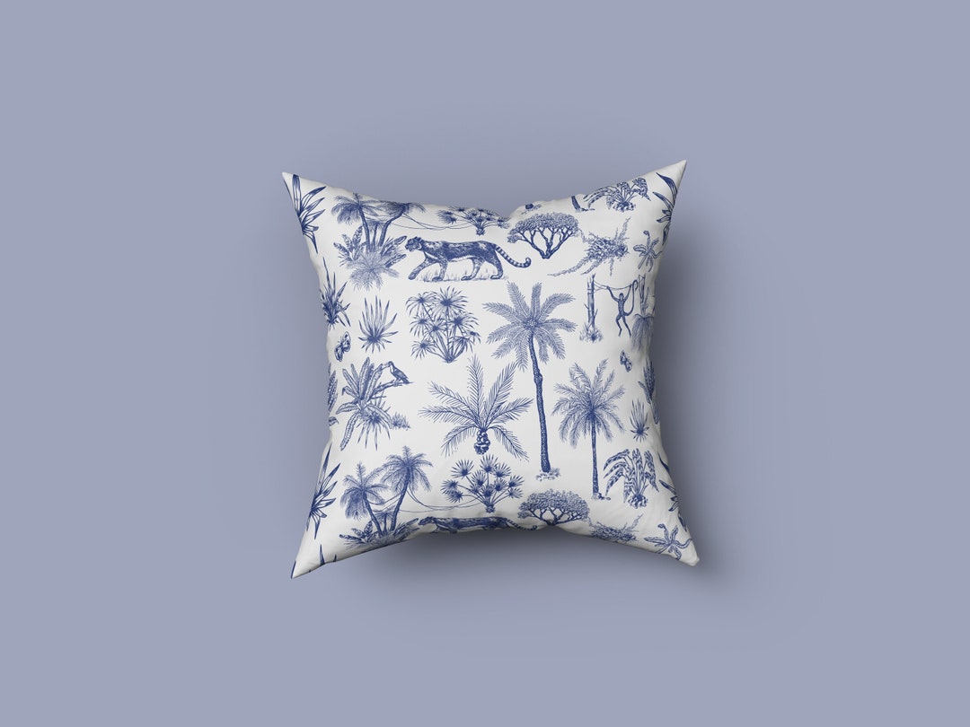 Toile De Jouy Jungle Periwinkle Tiger, Monkey, and Palm Vintage Faux ...