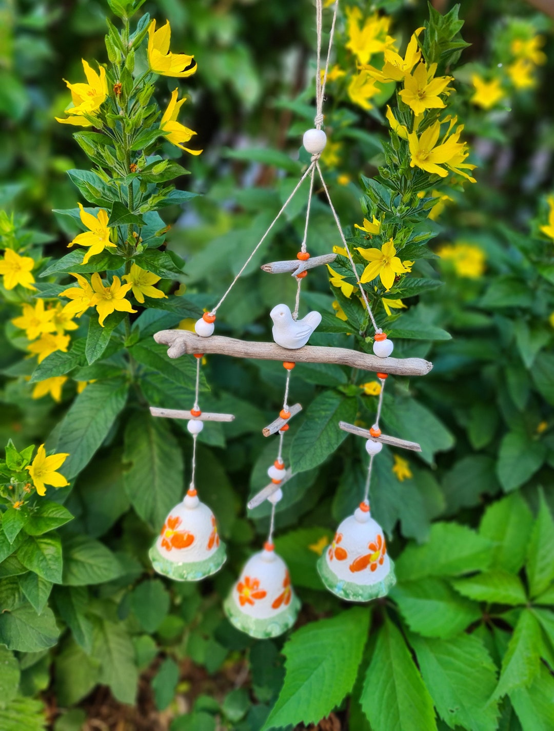 Ceramic Wind Chime 3 Bells, Little Bird & Driftwood, Home/garden Decor ...