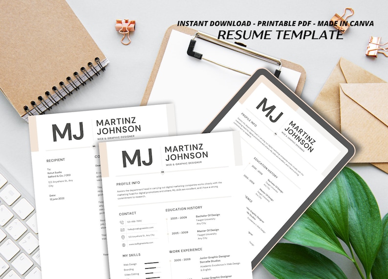 Beige Modern Professional CV Resume Template Design.pdf Clean - Etsy