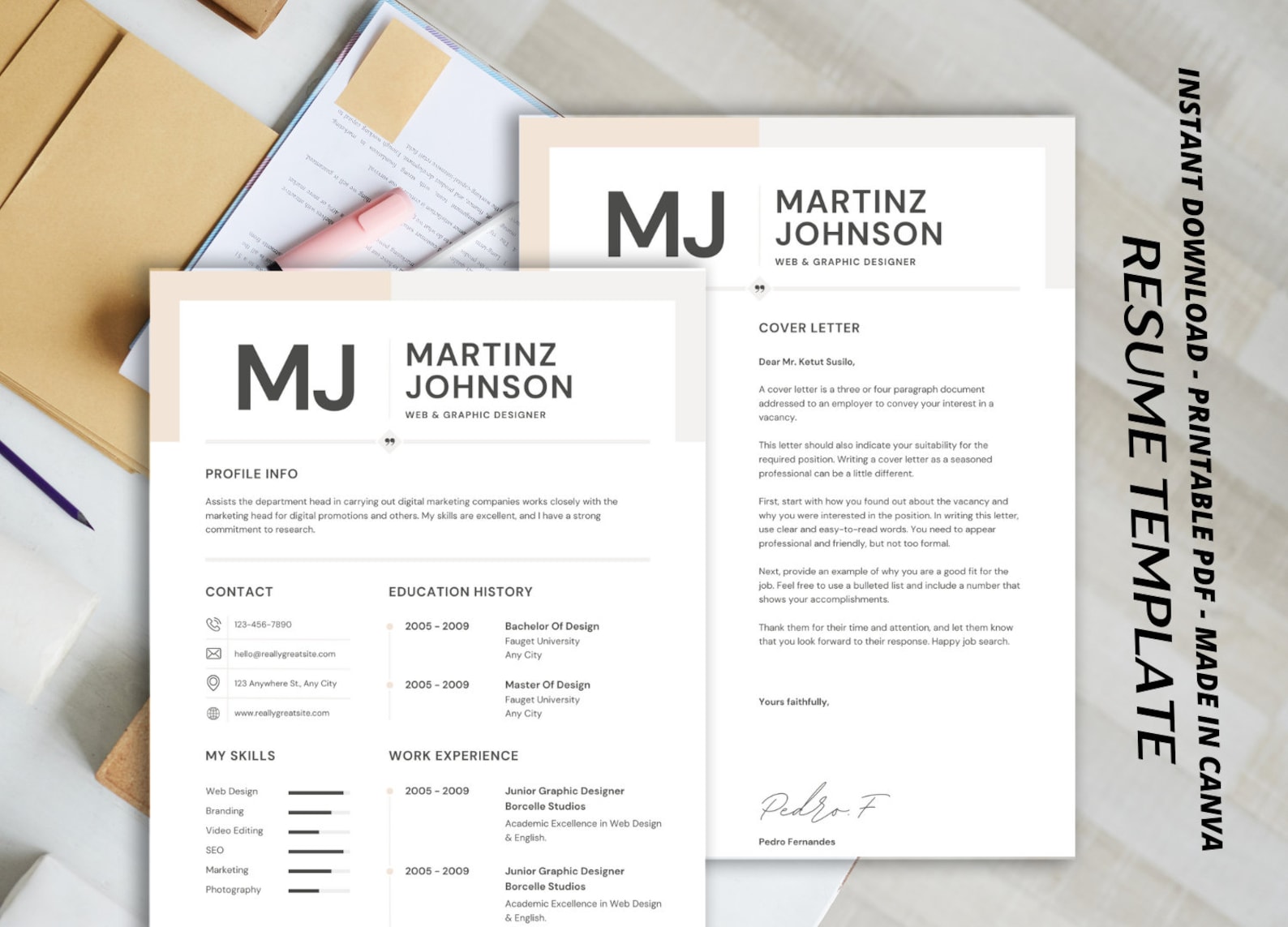 Beige Modern Professional CV Resume Template Design.pdf Clean - Etsy