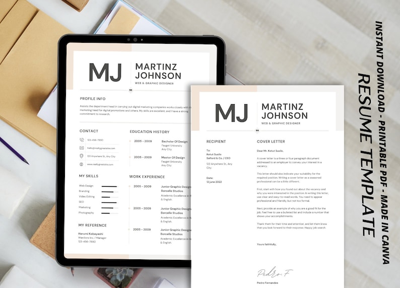 Beige Modern Professional CV Resume Template Design.pdf Clean - Etsy