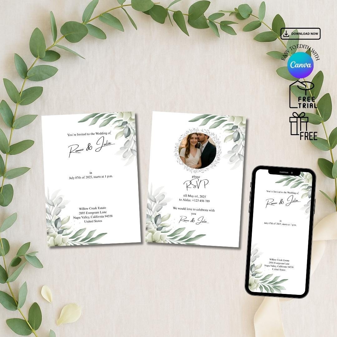 Eucalyptus Wedding Invitation – Canva Template – A6 | 5x7" | Mobile ...