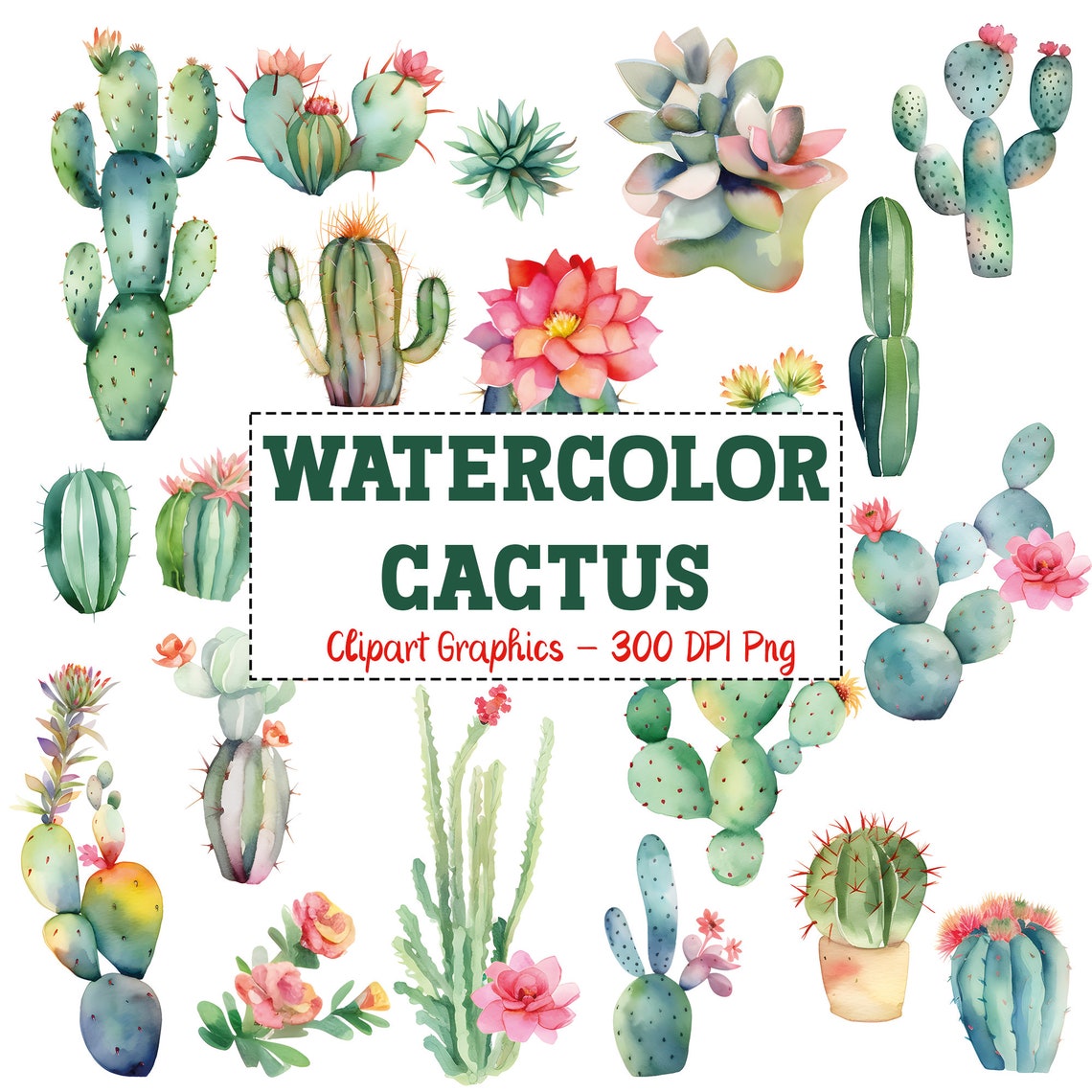 20 CACTUS Watercolor CLIPART, Digital Download, Printable, PNG, Instant ...
