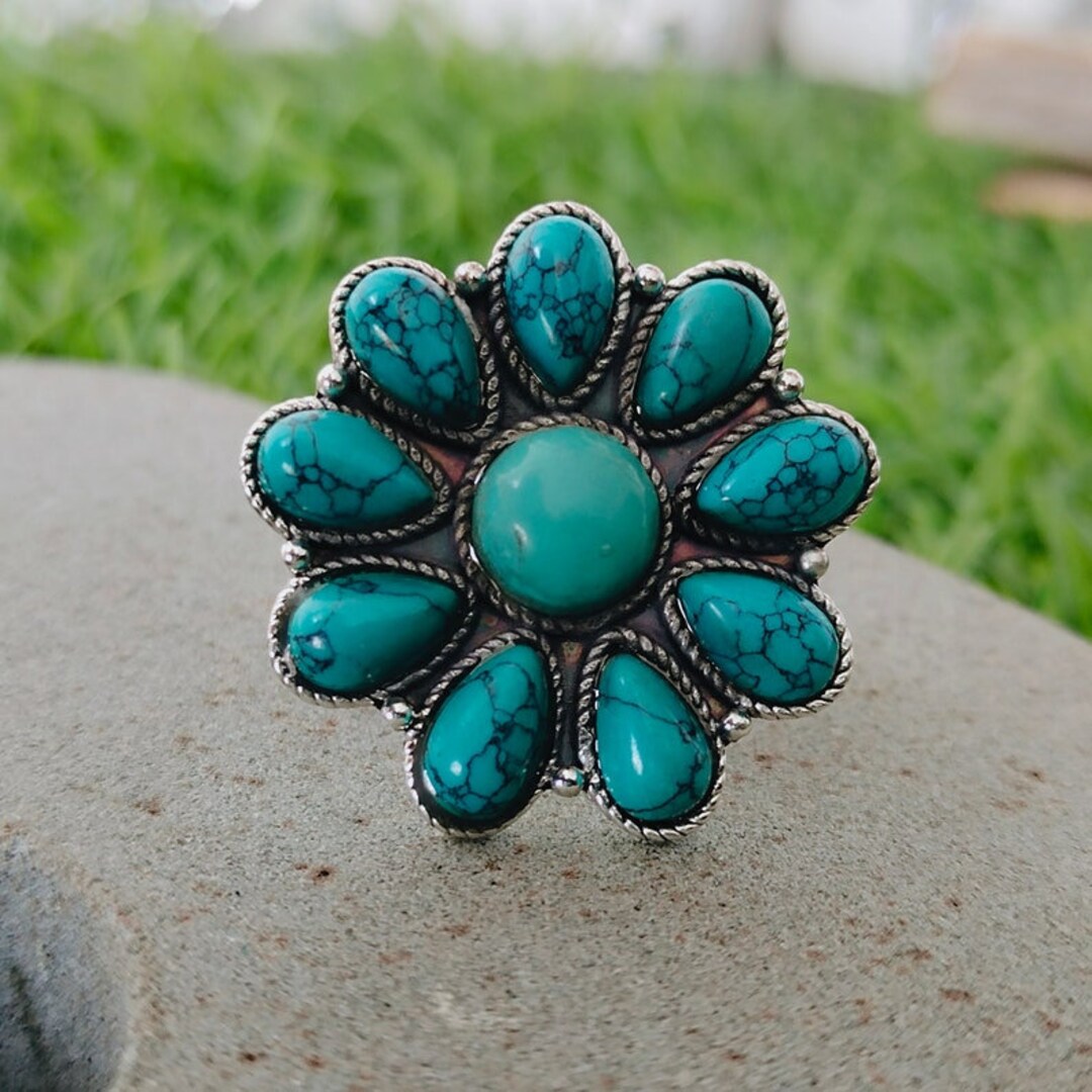 Blue Turquoise Ring, Flower Design Ring, Handmade Ring, Natural ...