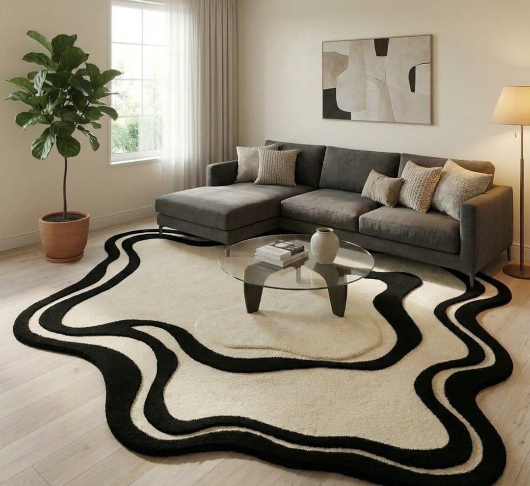 Abstract Area Rug, Black and White Modern Rug, Irregular Shape Carpet ...
