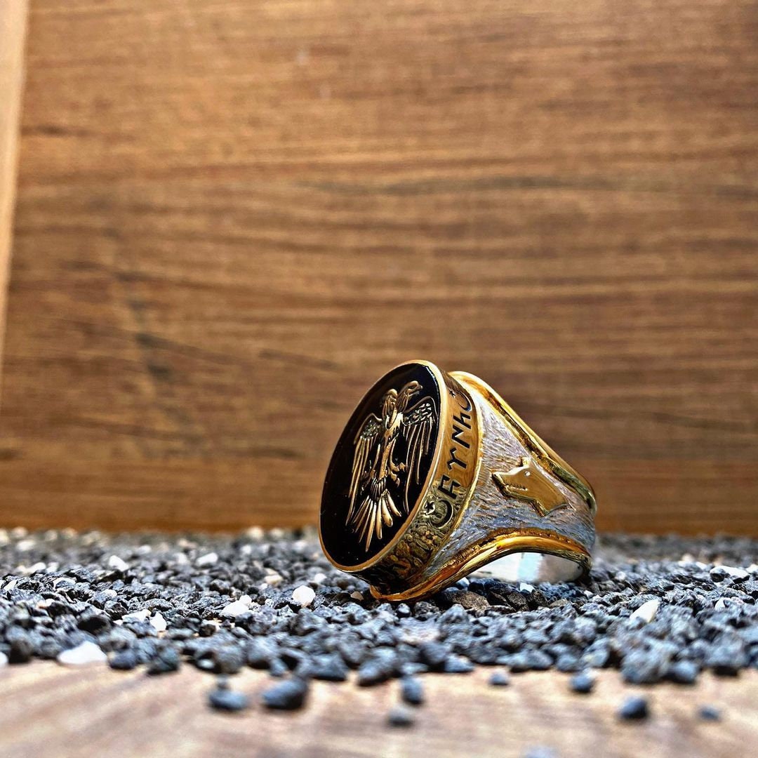 Double Headed Eagle Gold Plated Silver Ring, Turkish Silver Ring ...