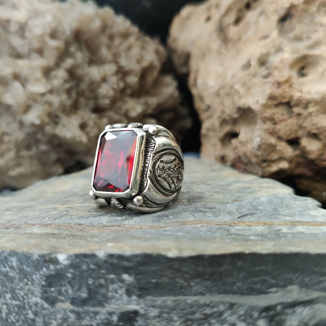Red Stone Ring for Men, Big and Heavy Ring, Handmade Sterling Silver ...