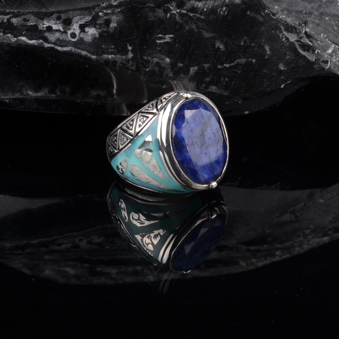 Mens Sapphire Ring, Unique Design Sapphire Gemstone Ring, Blue Enamel Ring, Hand Painted Ring ...
