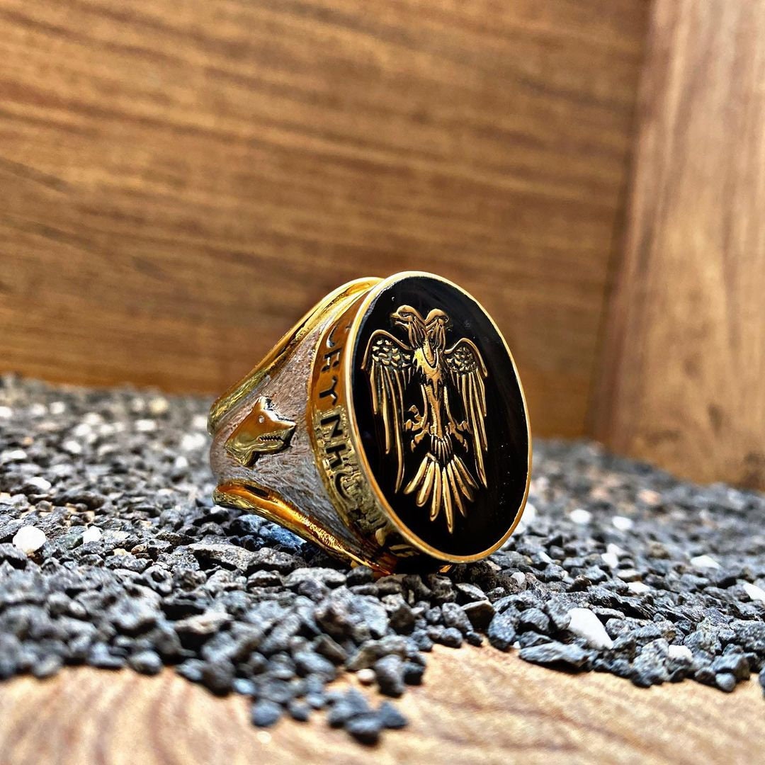 Double Headed Eagle Gold Plated Silver Ring, Turkish Silver Ring ...